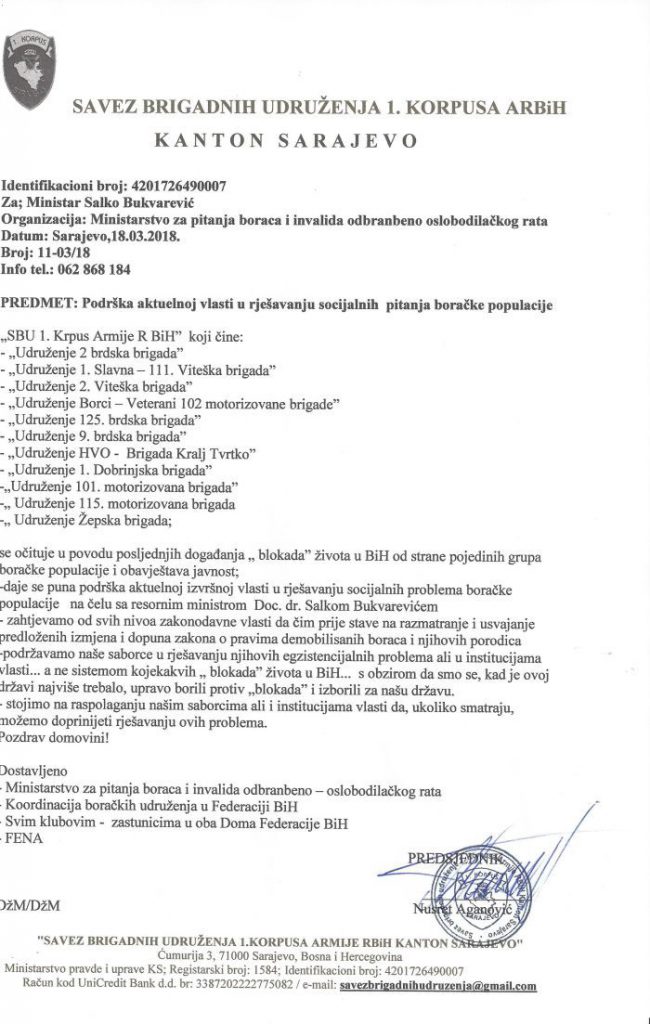 PISMO PODRŠKE SAVEZA BRGADNIH UDRUŽENJA 1. KORPUSA ARMIJE RBIH ...